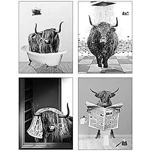 Funny Bathroom Wall Art Highland Cattle Cows Toilet Canvas Posters Vintage Black and White Rustic Style Cute Cow Wall Decoration for Restroom Bathroom Farmhouse Artwork Set of 4 Unframed (12x16 inch)