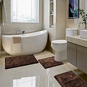 HOMEIDEAS Brown Bathroom Rugs Sets 3 Piece, Butter Chenille Bathroom Rugs and Mats Sets, 3X Absorbent Microfiber Bath Rugs, Non Slip, Luxury, Shiny, Washable Bath Mat for Bathroom, Shower