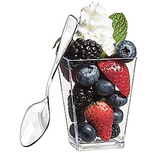 Zappy 50 5 oz Tall Square Clear Dessert Cups and 50 Tasting Spoons Dessert Glasses Shot Glasses Trifle Bowl Clear Disposable Plastic Dessert Tumbler Cups Party Cups