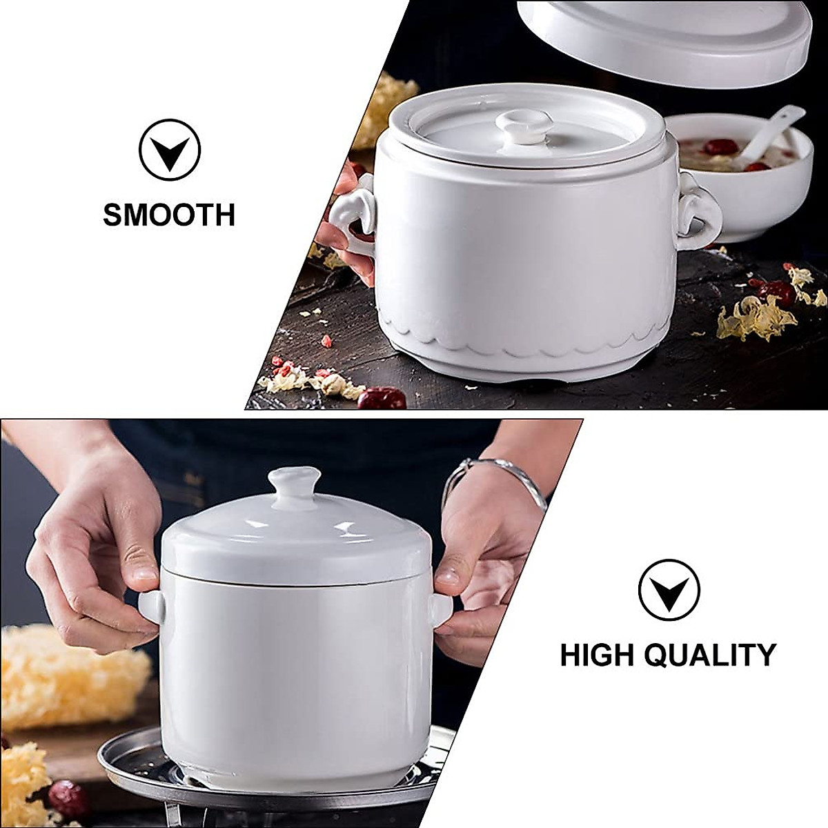 Kichvoe Sugar Container Ceramic Stew Pot with Handles and Lid, Small Steam Soup Bowl Stockpot Cookware for Egg Custard Medicinal and Birds (520ml) Creamer Singles