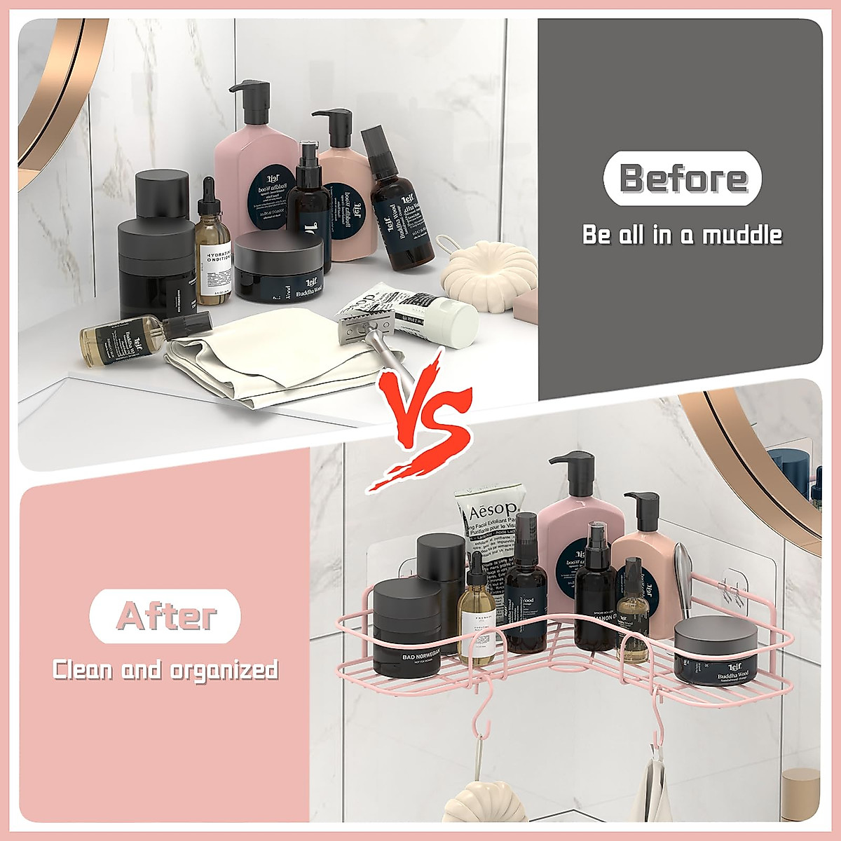 Corner Shower Caddy,4-Pack Adhesive Shower Organizer with Soap Holder,No Drilling Shower Shelves Stainless Steel Rustproof Shower Rack for Bathroom, Kitchen Storage,Pink