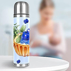 Stainless Steel Leather Vacuum Insulated Mug Blueberry Thermos Water Bottle for Hot and Cold Drinks Kids Adults 16 Oz