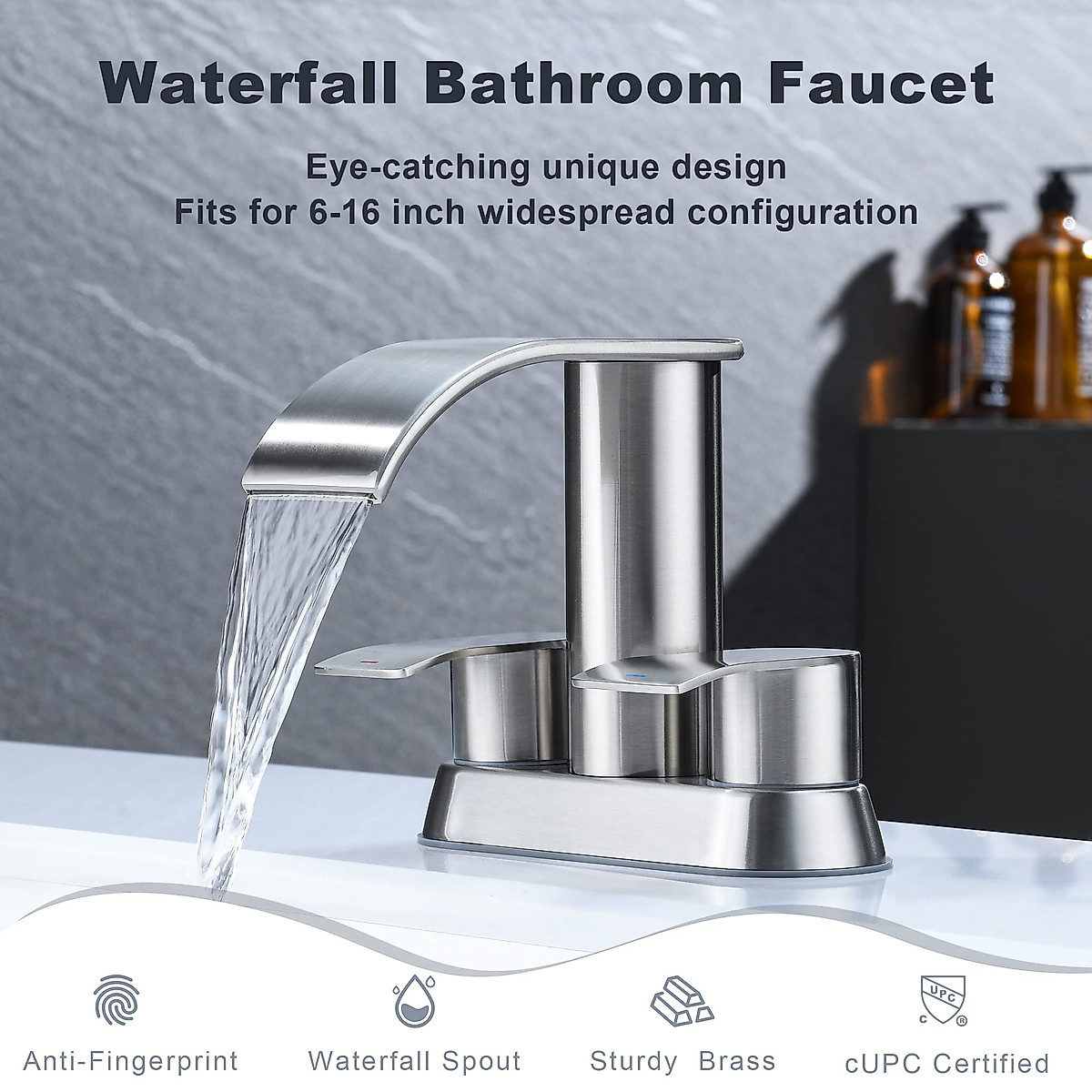 Ultimate Unicorn Waterfall Bathroom Sink Faucet Brushed Nickel, Two Handles Bathroom Faucet with Metal Pop up Sink Drain Stopper, Two Or 3 Holes Bathroom Basin Lavatory Mixer Tap with Deck Mount Plate