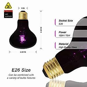 2 Pack 75W Reptile UVA Infrared Moonlight Night Heat Lamp,Basking Spot Bulb Black Glass Cover for Lizard, Chameleon, Snake, Aquarium Reptile, Amphibian