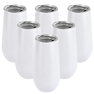 Lifecapido 6 Pack Stemless Double Insulated Champagne Flute Tumbler with Lid, 6 Oz Unbreakable Reusable Cocktail Champagne Toasting Glasses, Good Gift for Friends Family Christmas Birthday, White