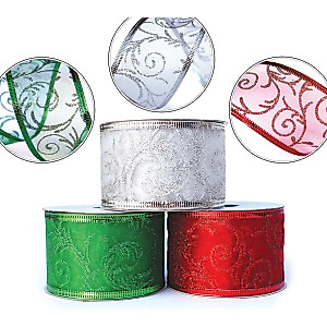 Christmas Ribbon for Gift Wrapping Green & Red Wired Ribbons Silver Sheer Wire Organza Set Present Wrap Around, Xmas Tree Decor Crafts Floral Arrangement Supplies & Decoration 50 Yards