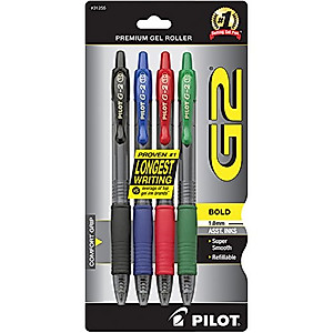 PILOT G2 Premium Refillable & Retractable Rolling Ball Gel Pens, Bold Point, Assorted Color Inks, 4-Pack (31255)