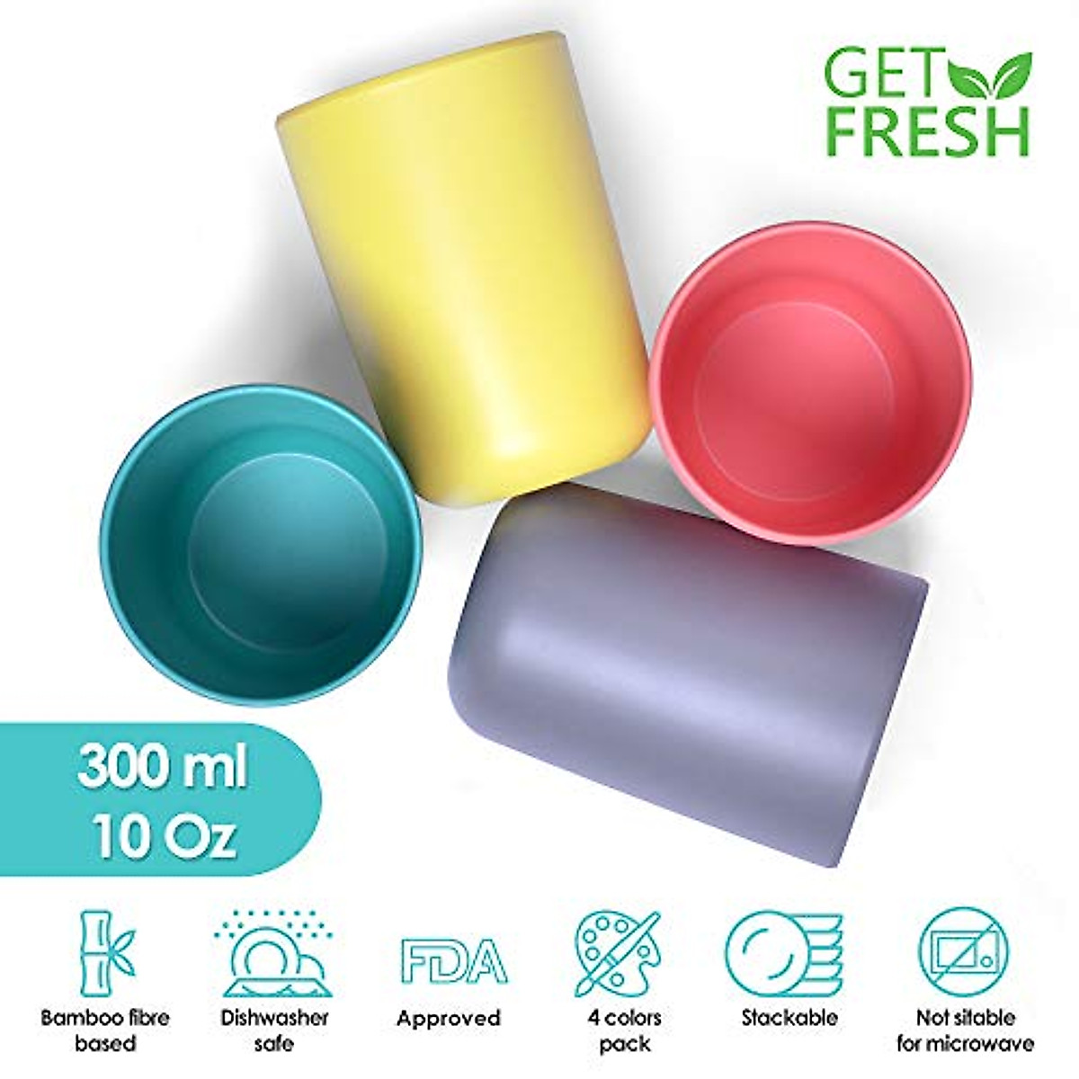 GET FRESH Bamboo Kids Cups Set – 4-pack Reusable Bamboo Cups for Toddlers and Adults – Colorful Bamboo Fiber Drinking Cups for Children – Bamboo Kids Dinnerware Set for Everyday Use