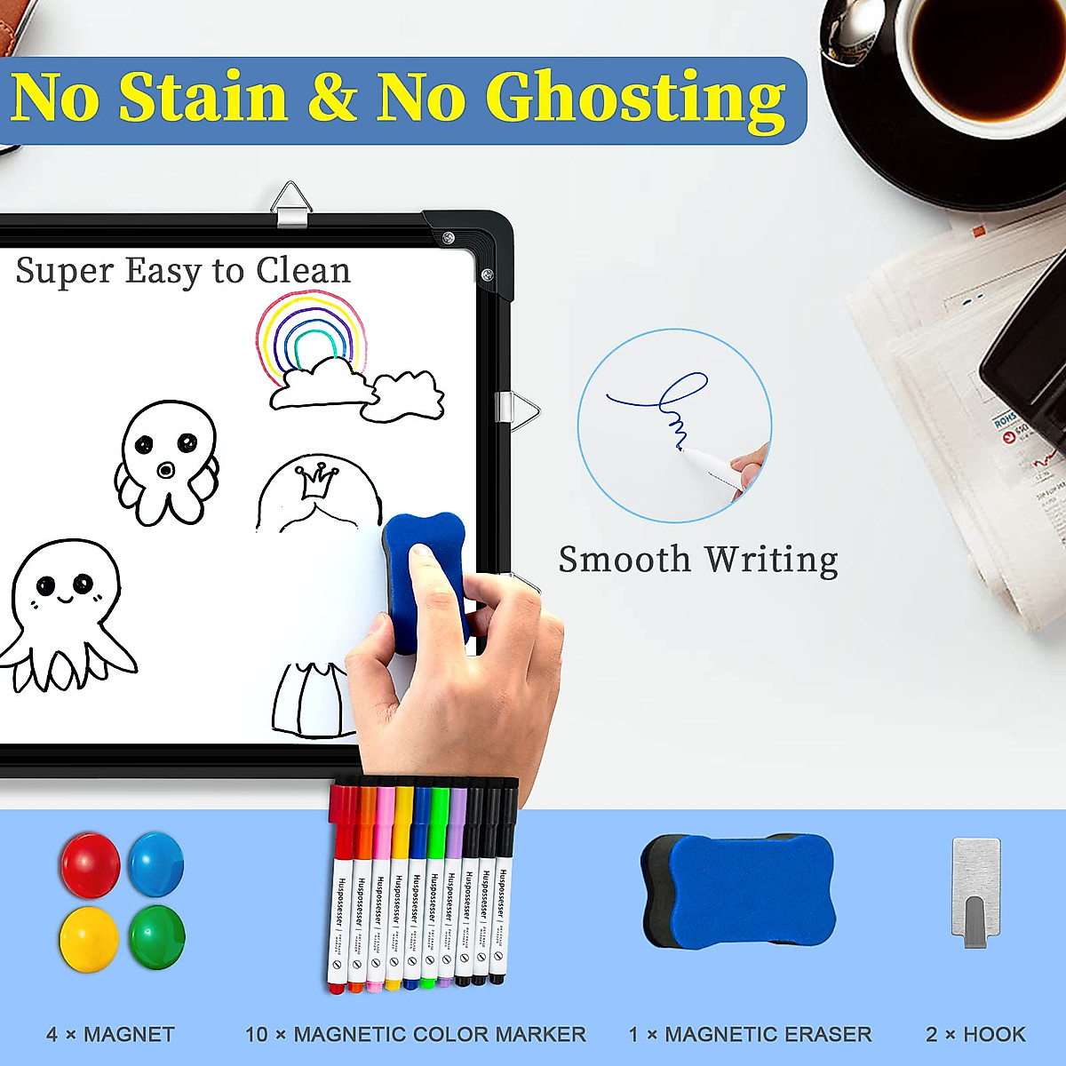 Weekly White Board, Small Dry Erase Board 16"X12", Double-Sided Magnetic Calendar Whiteboard Planner, Portable Dry Erase Calendar for Wall and Desktop with Fine Tip Markers, Magnets, Eraser (Black)