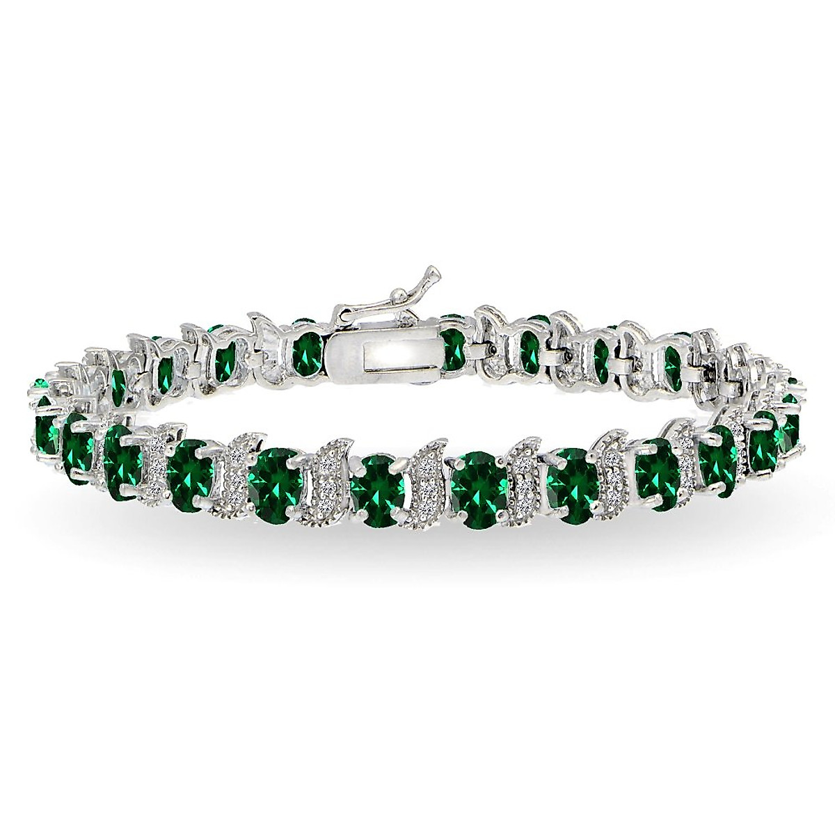 B. BRILLIANT Sterling Silver Simulated Emerald 6x4mm Oval and S Tennis Bracelet with White Topaz Accents