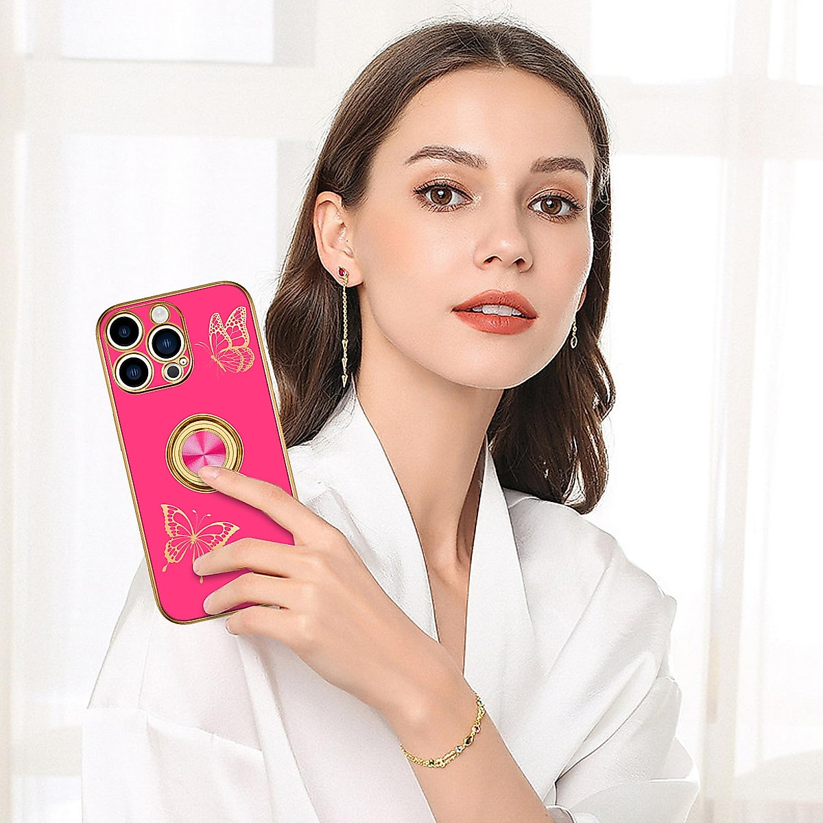 BENTOBEN for iPhone 13 Pro Max Case, Phone Case iPhone 13 Pro Max, Cute Butterfly Plating 360° Ring Holder Kickstand Magnetic Car Mount Supported Soft Bumper Women Men Drop Protective Cover, Hot Pink