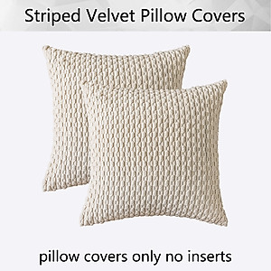 Kevin Textile Decorative Throw Pillow Cover Striped Corduroy Plush Texture Velvet Euro Cushion Cover for Bed 24 x 24 Inch (60cm) Set of 2 Cream