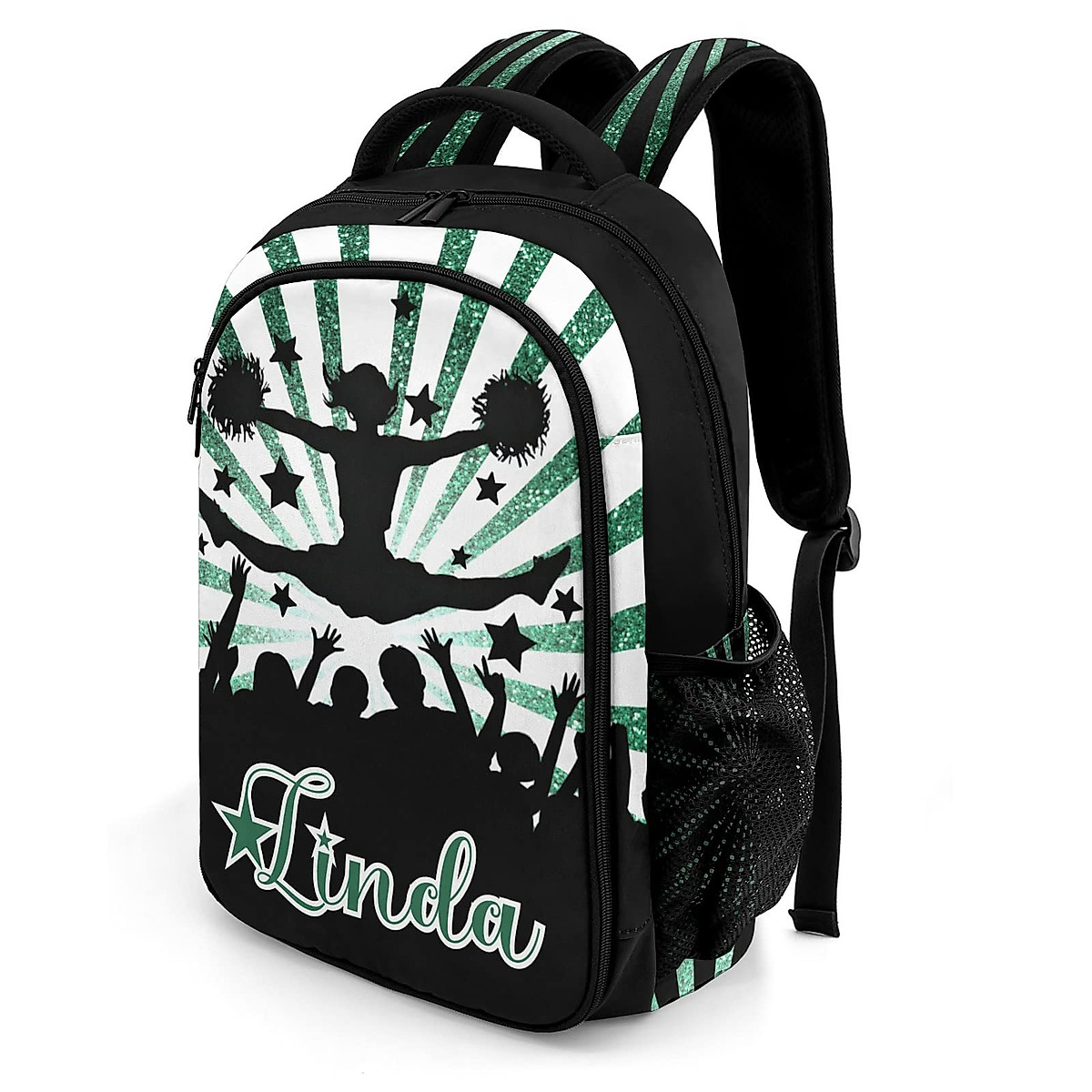 Anneunique Custom Cheerleaders Backpack Custom Multifunctional Waterproof Laptop Bag for Travel Gift Green Bling Sparkly Print Cheer Black