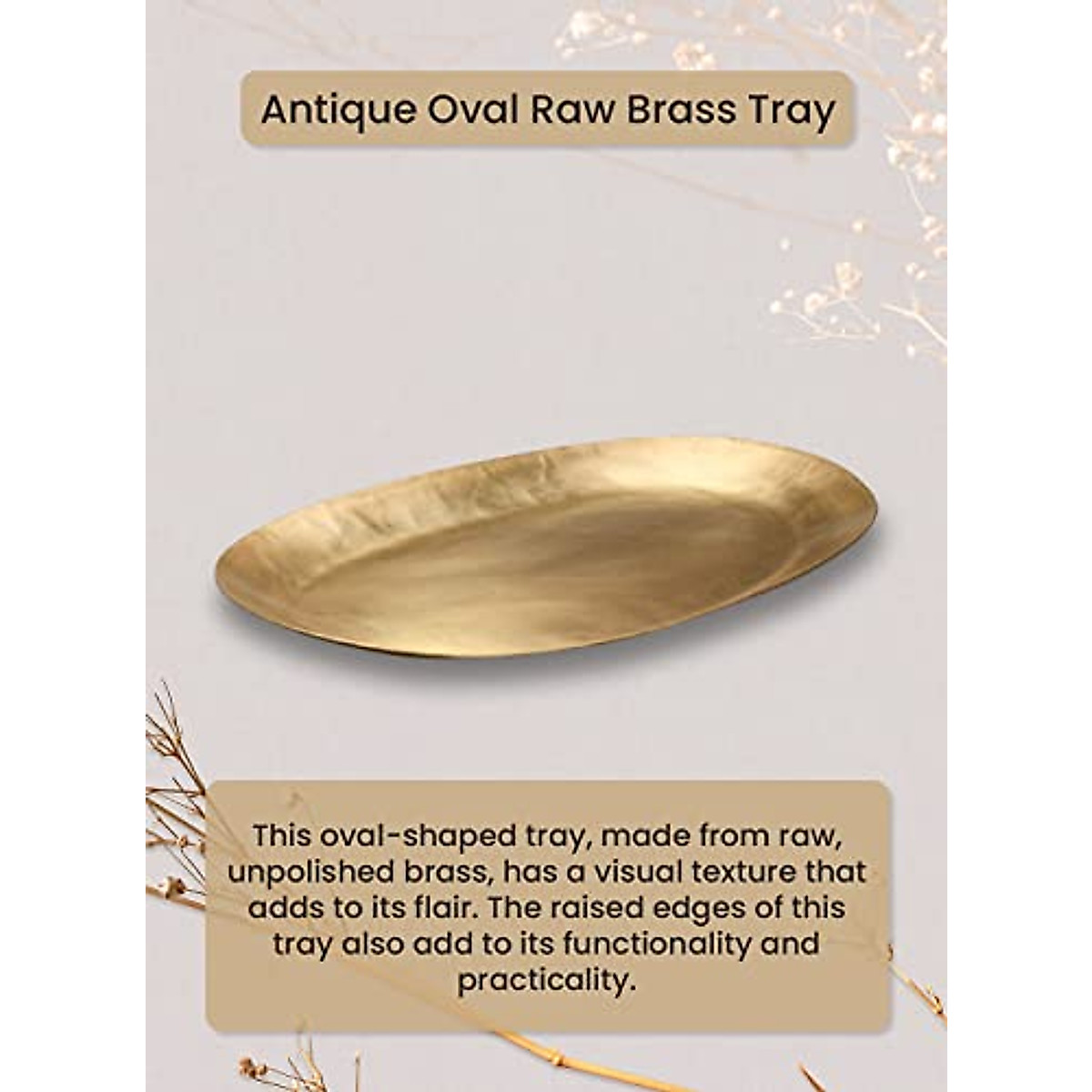 Serene Spaces Living Antique Oval Raw Brass Tray, Hammered Decorative Metal Tray Use as Holder for Accessories, Candles, Jewelry, Centerpiece for Kitchen or Dining Table, 17" Long, 11.5" Wide, 1" Tall