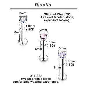 Ocptiy 18G Push in Nose Ring Stus for Women Surgical Stainless Steel Straight Threadless Nose Nostril Lip Ring Stud Bone Pin Bar Cartilage Tragus Helix Earring Piercing Jewelry Men Diamond 3mm Silver