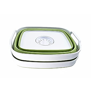 SAMMART 7.5L (2 gallons) Collapsible Plastic Dishpan with Draining Plug - Portable Washing Basin - Foldable Washing Tub - Pop Up Saving (Grey + Olive Green (Set of 2))