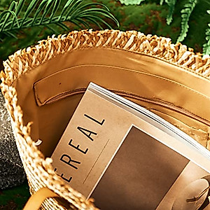 Straw tote beach shuolder handbag travel large tassels woven crossbody wicker boho Zipper lightweight shopping bags women (khaki)