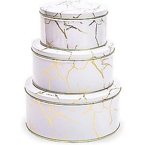 Juvale Nesting Tins Set, White Marble Canisters with Lids, Gold Print (3 Sizes)