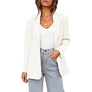 Womens Casual Blazers Long Sleeve Oversized Open Front Business Lapel Button Work Office Jackets Cream White