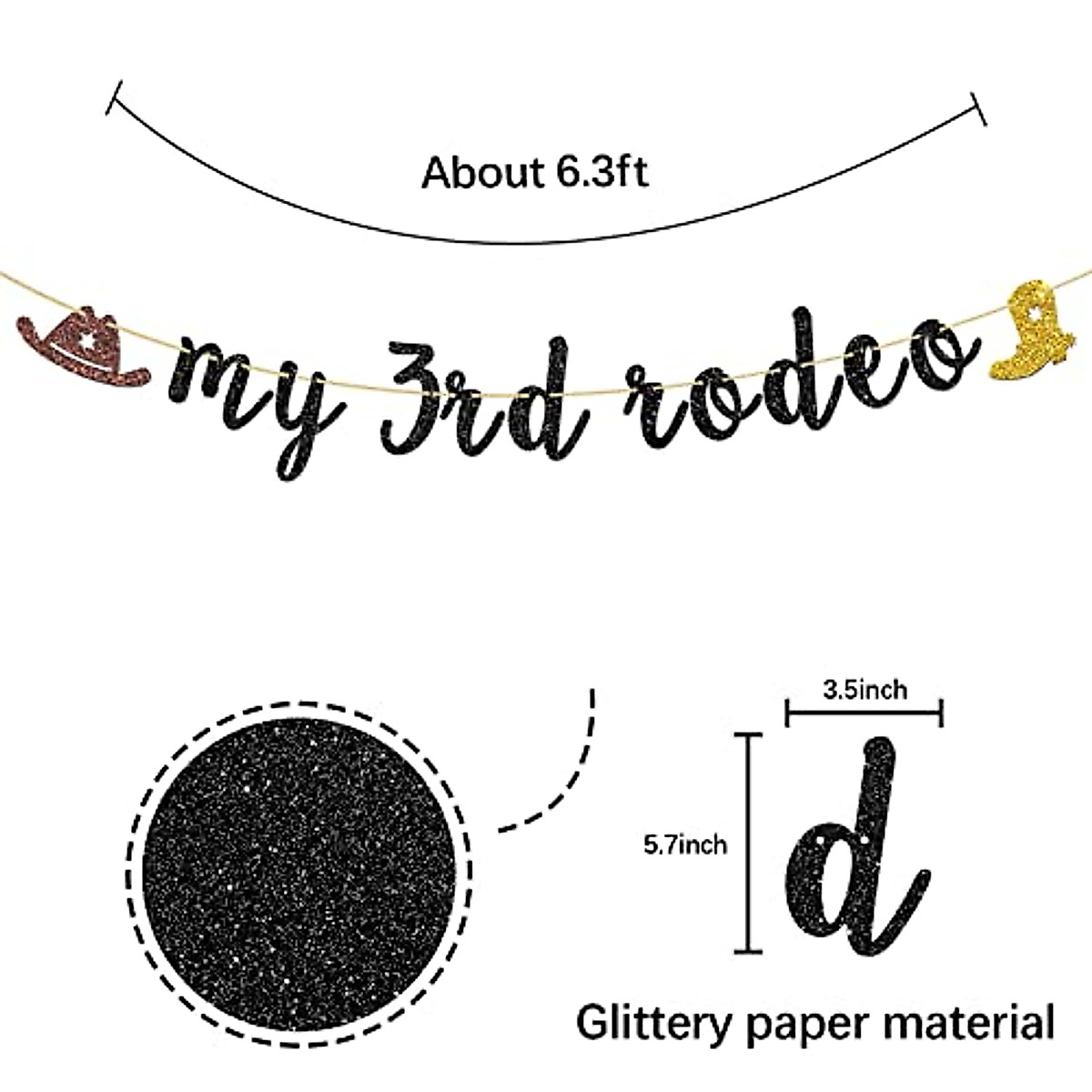 INNORU My 3rd Rodeo Banner, Mexican Theme 3rd Birthday Party Decorations, West Cowboy Cowgirl Three Birthday Party Decorations Black Glitter