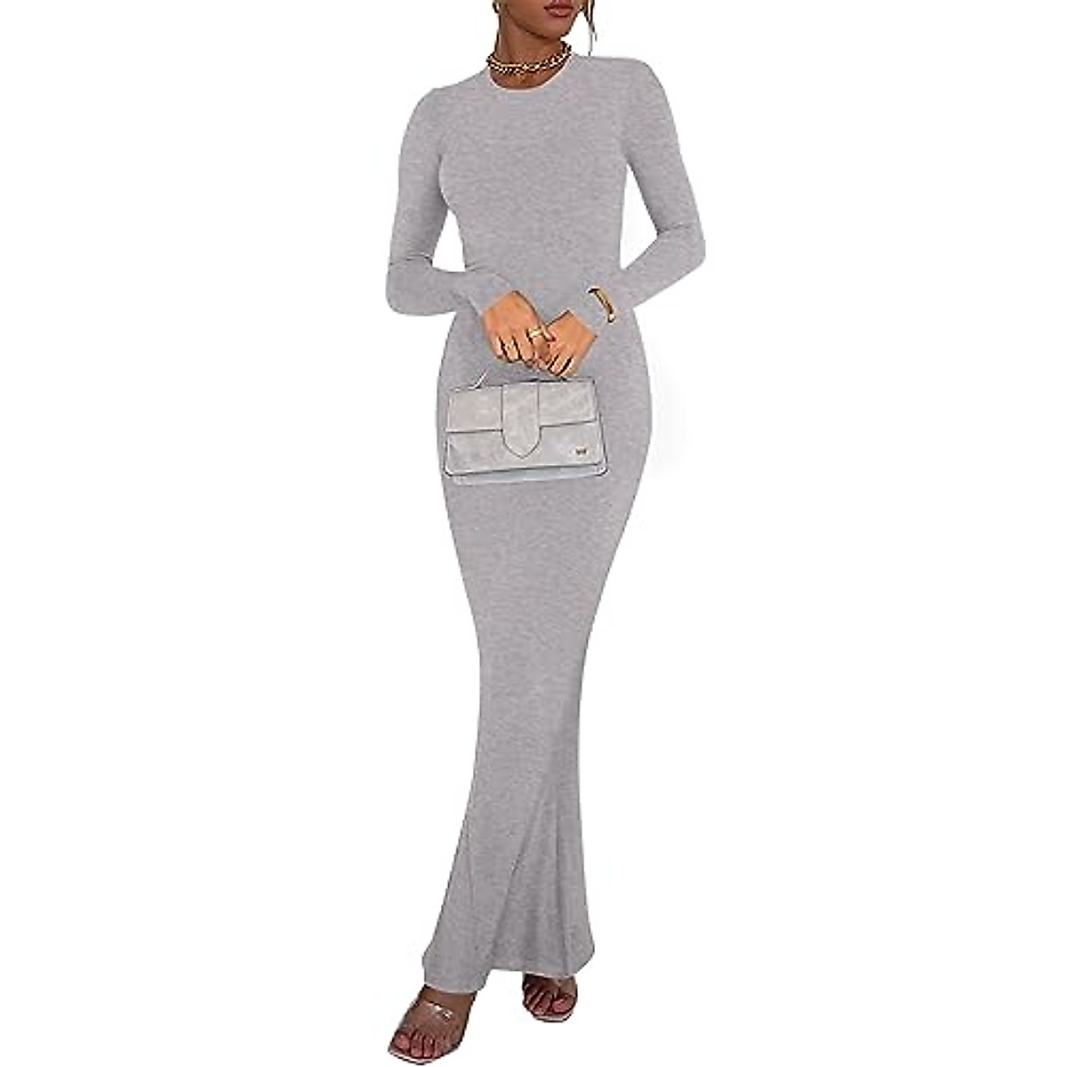 REORIA Women's Fall Sexy Casual Crew Neck Lounge Long Dress Formal Wedding Guest Long Sleeve Ribbed Bodycon Maxi Dresses Light Grey Large