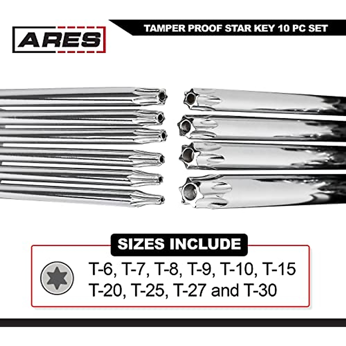 ARES 44000-10-Piece Tamper-Proof Folding Star Key Set - Sizes Include T-6 to T-30 - Corrosion-Resistant CR-V Steel Construction