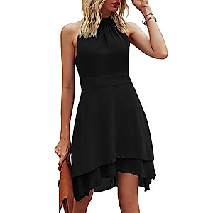LYANER Women's Halter Sleeveless Pleated Layer Ruffle Hem Elegant Workwear Mini Dress Solid Black Medium