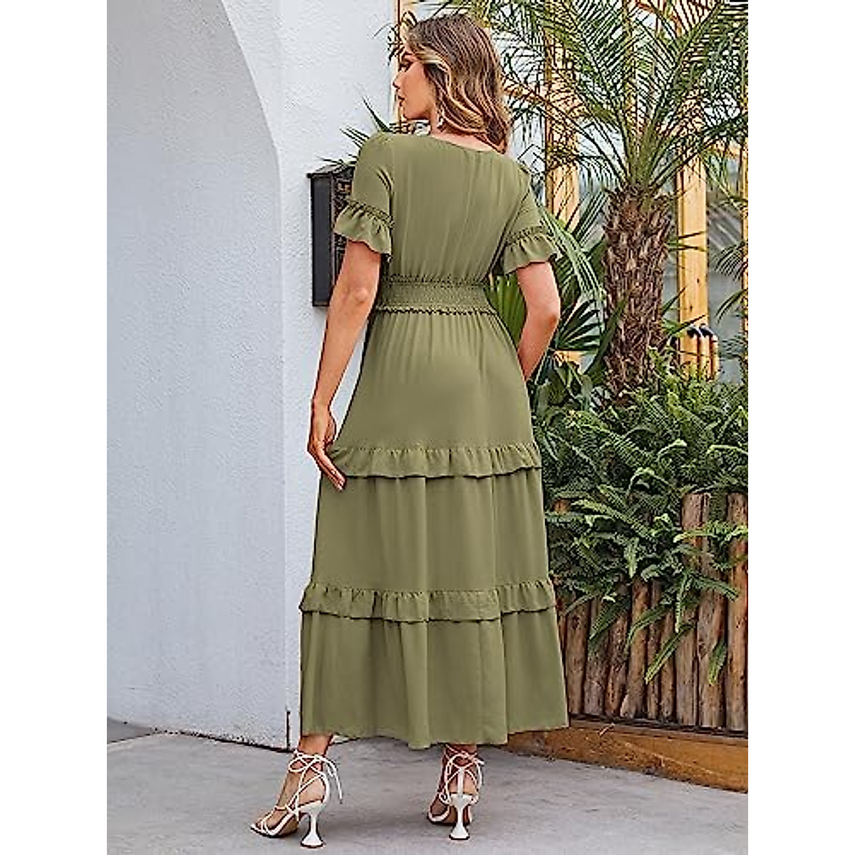 Amegoya Women's Summer Boho Tiered Maxi Dress V Neck Smocked Hight Waist Long Flowy Dress (Army Green S)
