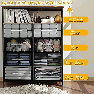 WARM&LOVE 8 Drawer Dresser with Shelves, Chest of Drawers for Bedroom with Wood Top, Black Dresser Storage Organizer Unit with Fabric Bins for Closet/Living Room/Hallway/Nursery