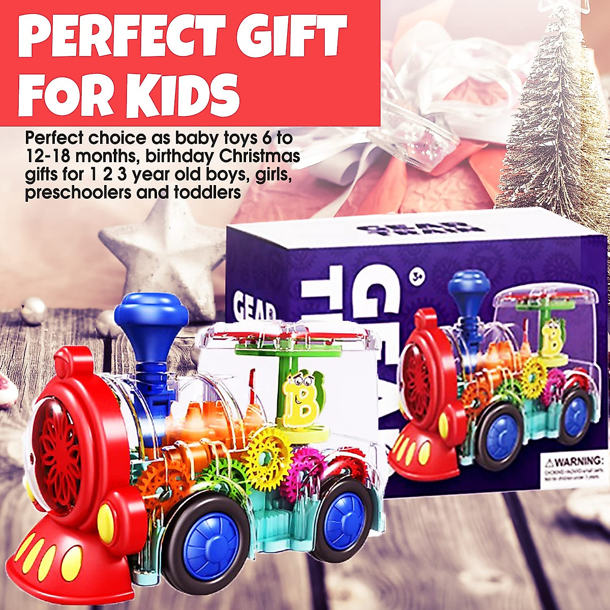 Tooty Toy Transparent Train Toy - Fun and Interactive Electric Train Toy for Kids - Music Train with LED Light up - Colorful Moving Gears -Tummy Time Crawling Baby Toys for Boys Girls