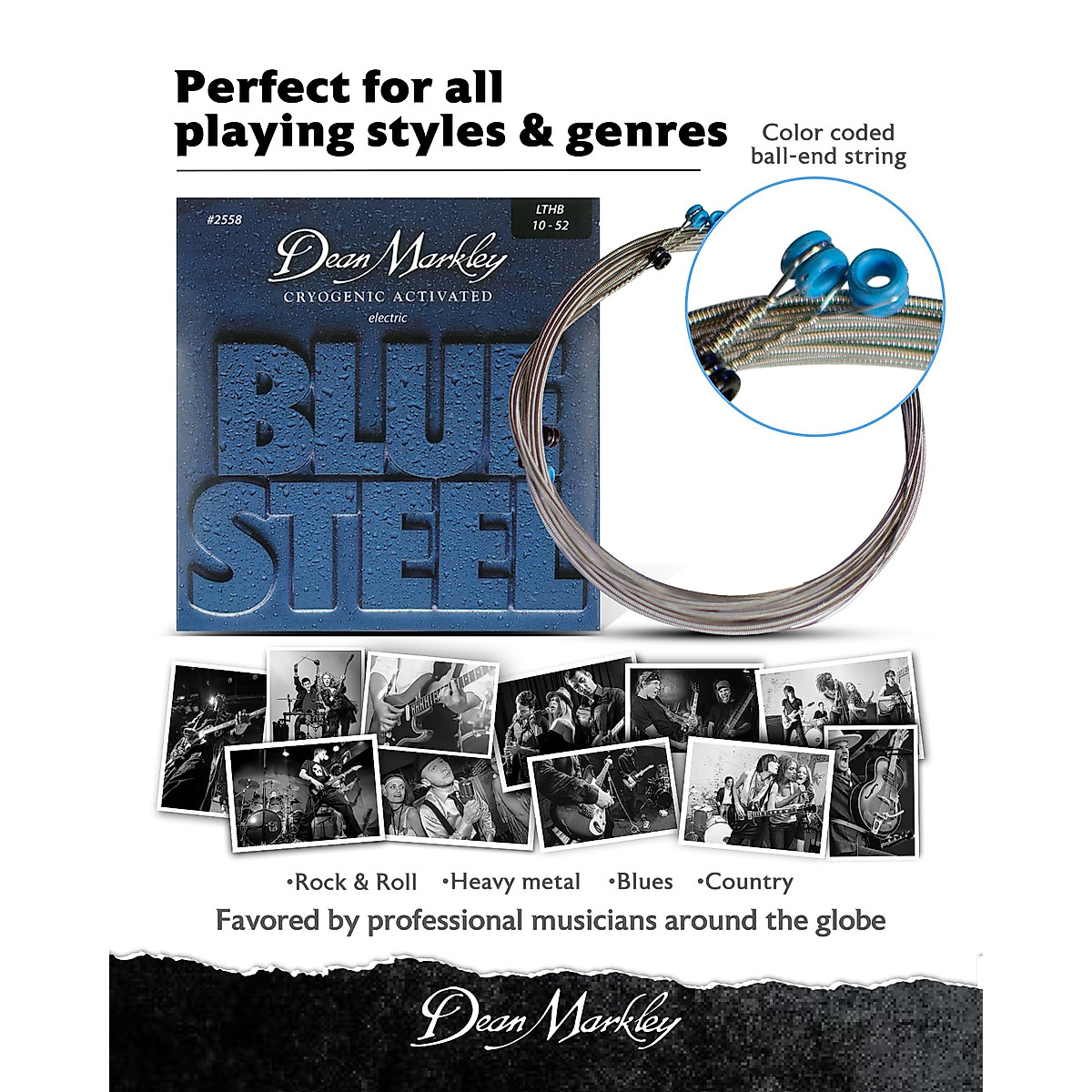 DEAN MARKLEY 2558 Blue Steel Electric Guitar Strings. 6 piece Electric Guitar String Set. Cryogenically Treated for Longer Life, Enhanced Performance, and Superior Sound. Made in USA. Gauges 10-52