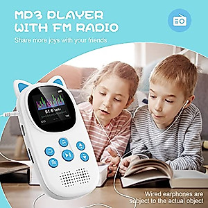 32GB MP3 Player for Kids, 90H Long Battery Life Kids Mp3 Player with Bluetooth 5.0, Oilsky Music Player with FM Radio, HD Speaker, Voice Recorder, Expandable up to 128GB, White & Blue
