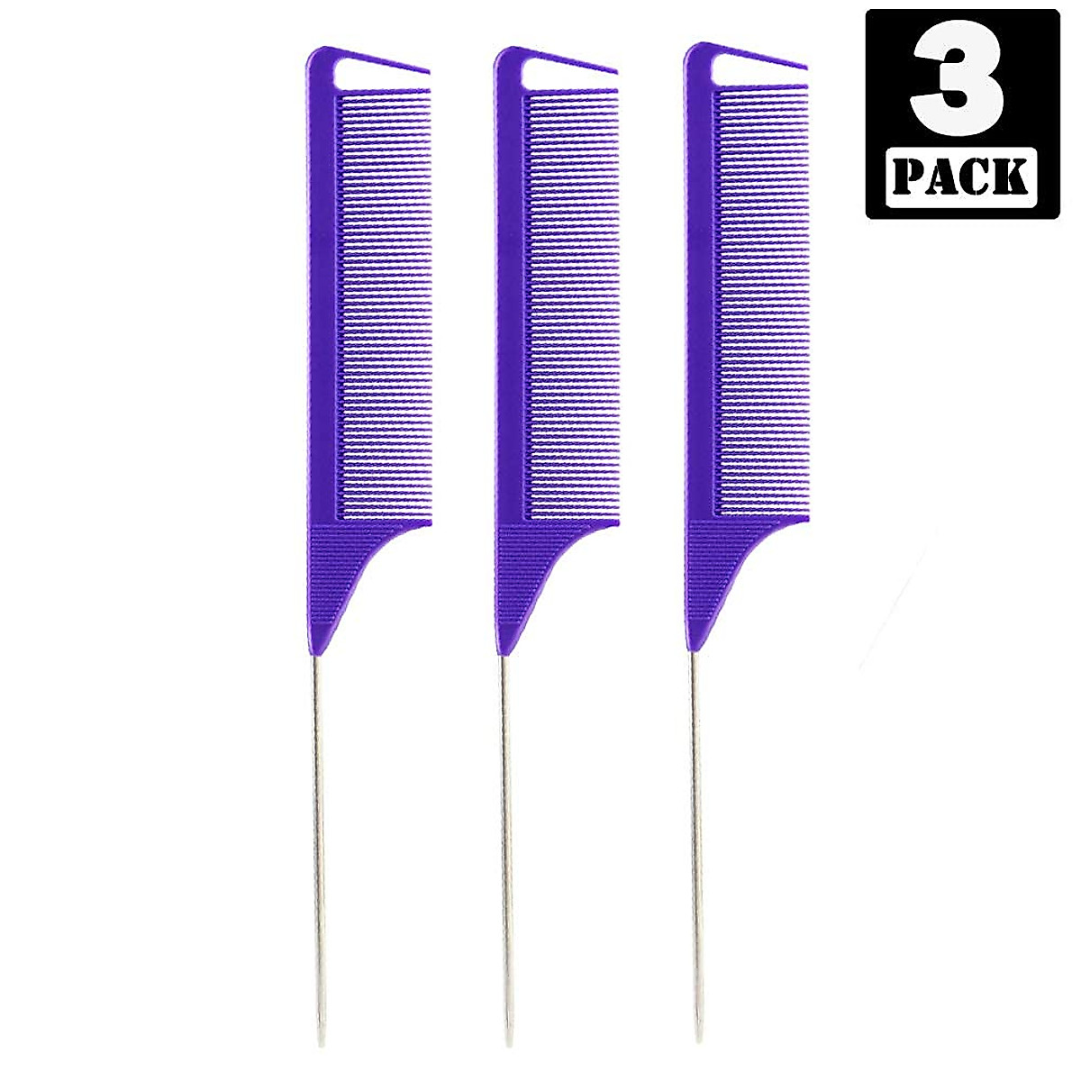 Generic 3 Pack Rat Tail Comb Steel Pin Carbon Fiber Heat Resistant Parting Combs with Stainless Steel Pintail Purple
