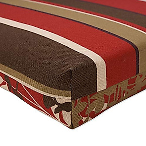 Pillow Perfect Reversible Floral Stripe Indoor/Outdoor Solid Back 1 Piece Square Corner Chair Cushion with Ties, Deep Seat, Weather, and Fade Resistant, 36.5" x 18", Brown/Red Monserrat, 1 Count