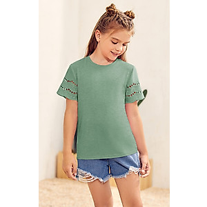 Geckatte Kids Girls' T-Shirts Short Sleeve Crewneck Cutout Summer Casual Solid Basic Tee Shirts Tops 5-14 Years Light Green