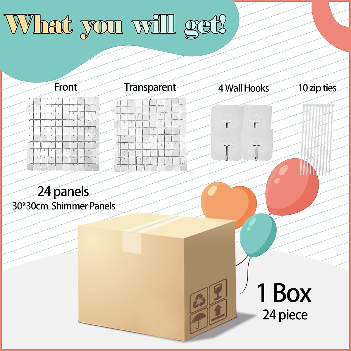 IMOOA Wall Backdrop - 24 Pcs Square Sequin Wall Panels Shimmer Backdrop, Wall Decor for Valentine's Decorations, Birthday, Wedding & Bachelorette Party (Silver)