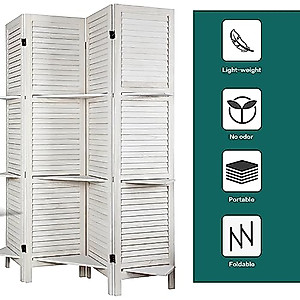 ECOMEX 4 Panel Room Divider with Shelves 5.6Ft Tall Folding Privacy Screens Room Dividers for Bedroom Home Double Hinged Wooden Room Dividers and Room Separator, White