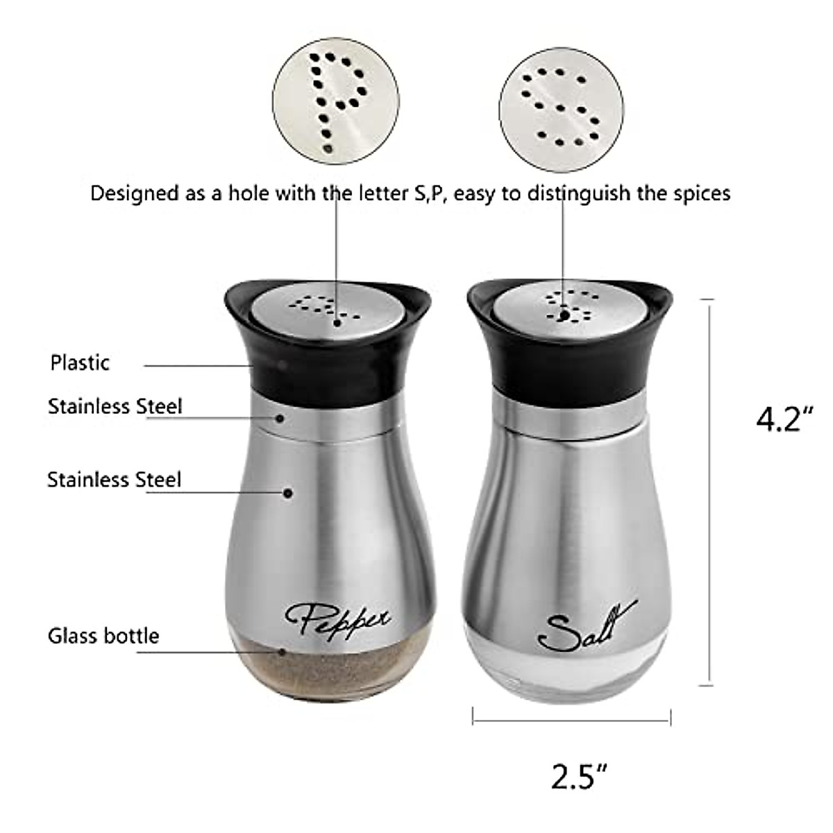 Salt and Pepper Shakers Set with Stainless Steel Lid and Glass Bottle,for Kitchen Table, RV, Camp, BBQ (Sliver)