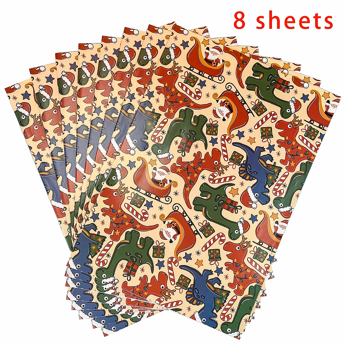 Dtiafu Dinosaur Wrapping Paper For Boys Girls Kids - 8 Sheets Dino Christmas Gift Wrap with Santa Candy Cane Joy for Birthday Wedding Holiday - Cute Cream Wrapping Paper - 20 x 28 Inch Per Sheet…