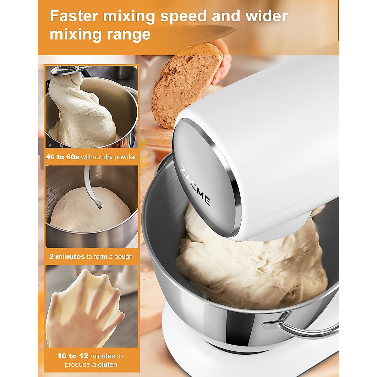 ZACME Mixers Kitchen Electric Stand Mixer, Aluminum die casting and Gears, 1 Hour Continuous Operation, Dual Cooling System, Low Noise DC Motor, LED Display and Timing Function, 600W 5.5QT, Food Grade