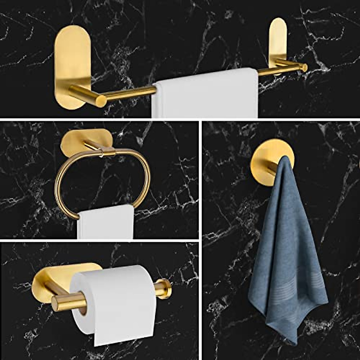 HouseAid 5-Piece Self Adhesive Towel Holder Set for Bathroom, Adhesive Bathroom Hardware Accessories Including Towel Ring, Toilet Paper Holder, 18” Towel Bar and 2 Towel Hooks, Brushed Gold