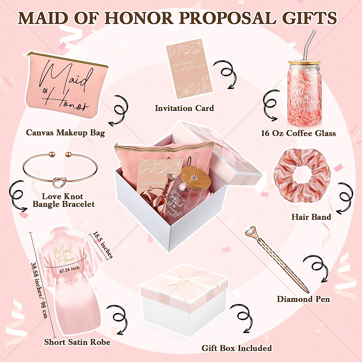 Irenare 8 Pcs Maid of Honor Proposal Gifts Set Robes Makeup Bag Cup Cards Hair Tie Bracelet Diamond Pen Bridesmaid Gift Box