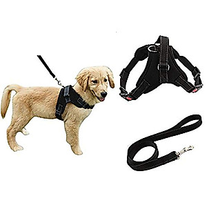 Heavy Duty Adjustable Pet Puppy Dog Safety Harness with Leash Lead Set Reflective No-Pull Breathable Padded Dog Leash Collar Chest Harness Vest with Handle for Small Medium Large Dogs Training Walking
