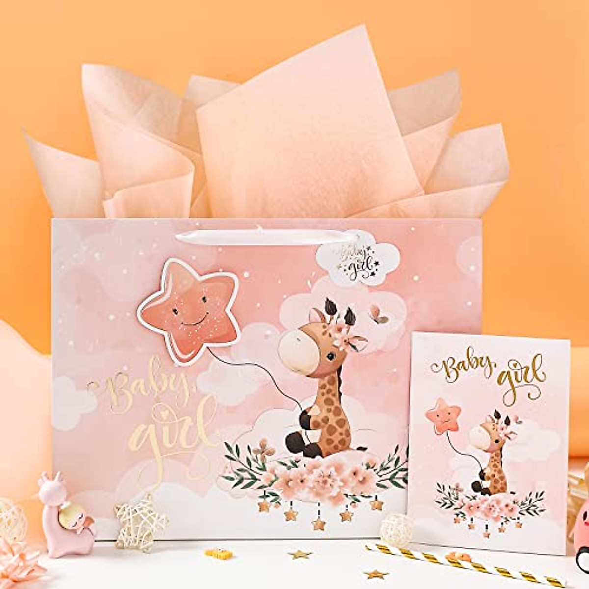 WRAPAHOLIC 16" Extra Large Baby Girl Gift Bag with Card and Tissue Paper - For Baby Shower, New Baby