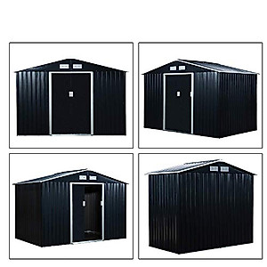 9'X6' Garden Tools Storage Shed Lawn Care Equipment Bicycles Pool Supplies Storage Patio Yard Backyard Use Sloped Roof Design 2 Sliding Door 4 Ventilation Window Galvanized Steel Frame Construction