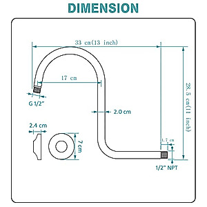 BESTILL 13 Inch S Shape Shower Head High Rise Extension Shower Arm and Flange, Brushed Nickel