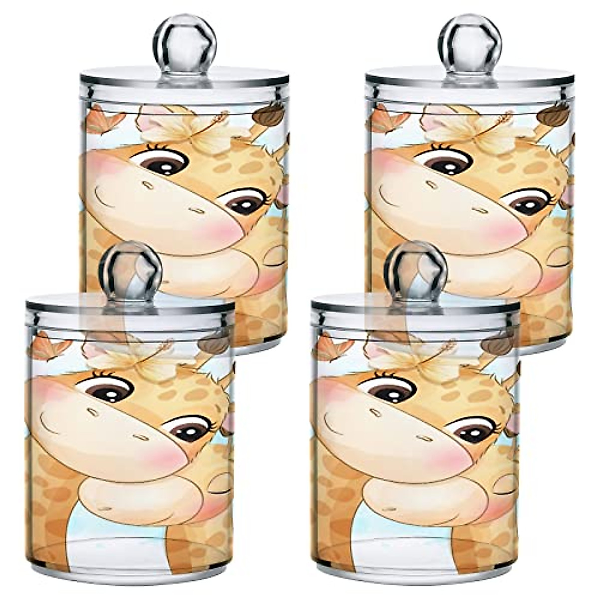 Kigai 2 Pack Apothecary Jars Cute Little Giraffe Qtip Holder Organizer Clear Airtight Container for Cotton Swabs Food Storage 14oz Plastic Jars with Lids