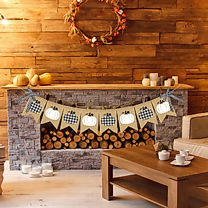 Doumeny Plaid Pumpkin Burlap Banner Buffalo Check Fall Banner Jute White Pumpkins Bunting Garland Autumn Harvest Bunting Flag Thanksgiving Party Banner for Home Wall Mantel Fireplace Farmhouse Decor