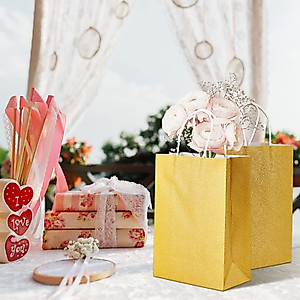 60 Pcs Small Gift Bags Valentines Day Paper Gift Bags Glitter Kraft Bag Reusable Gift Bag with Handle Bridal Shower Favor Bags Bulk Goodie Bags for Wedding, Birthday, Bridesmaids,8.2*5.9*3.1 (Gold)