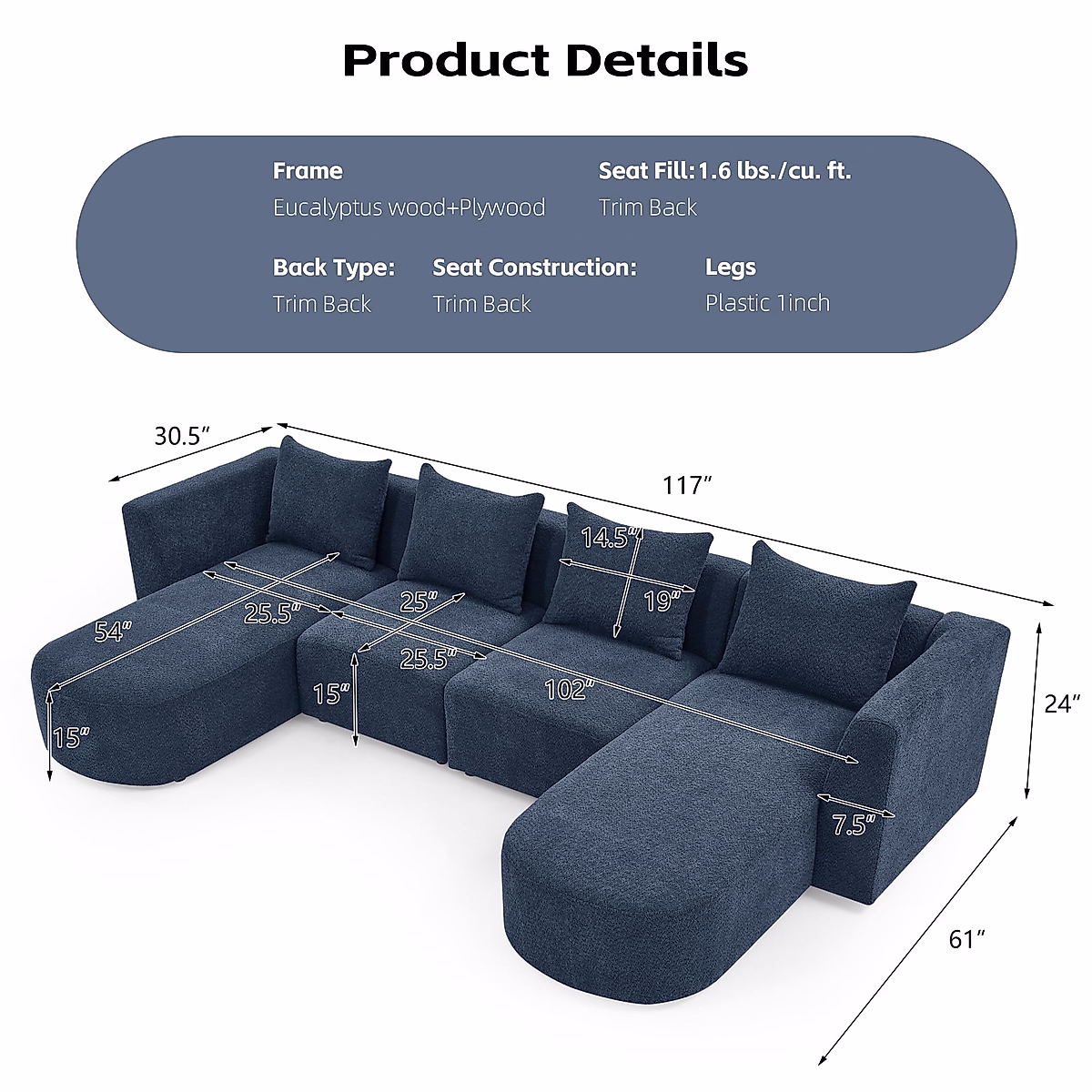 DEINPPA U Shape Modular Sectional Sofa, Minimalist Style Modular Couch, 4 Seat Cushion Couch with 4 Pillows for Living Room/Apartment, Bouclé Fabric, Navy Blue